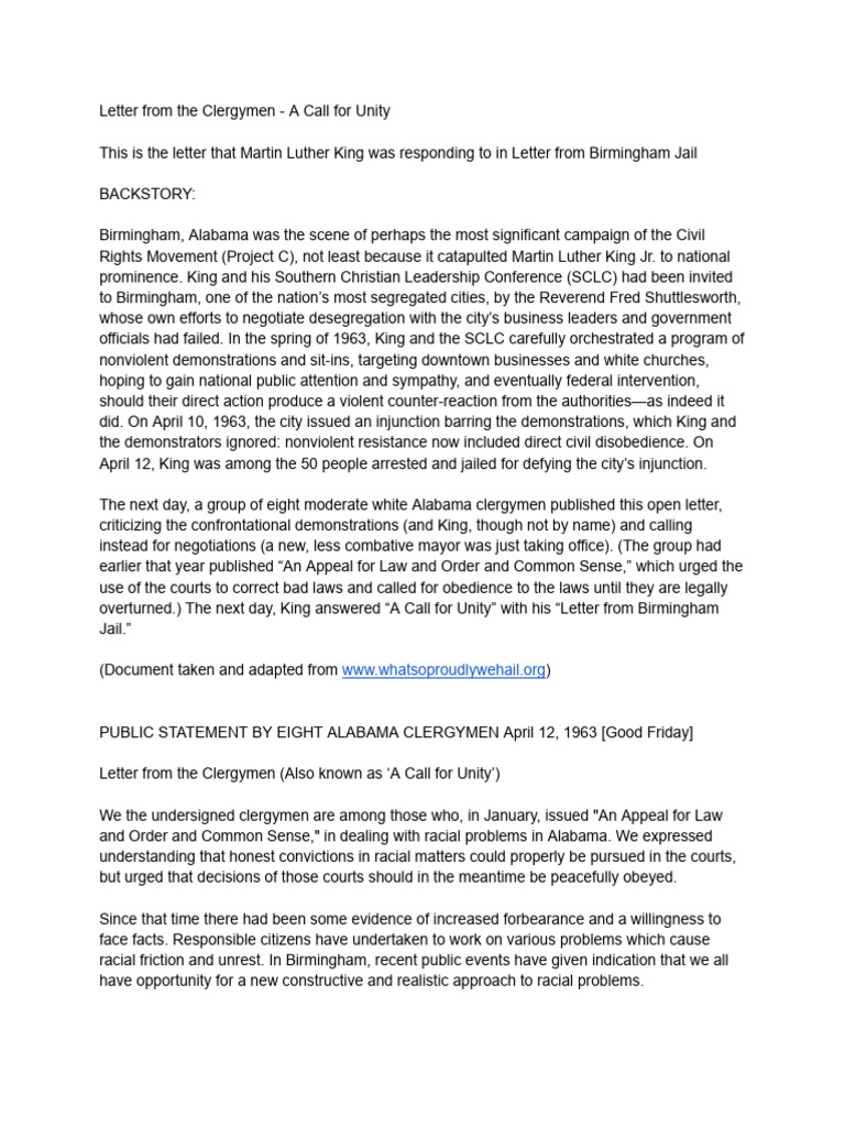 Letter From The Clergymen - A Call For Unity | PDF