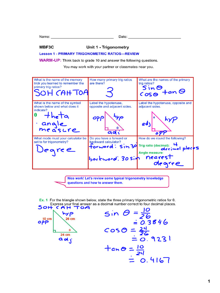 Lesson 1 - Primary Trig Ratios | PDF