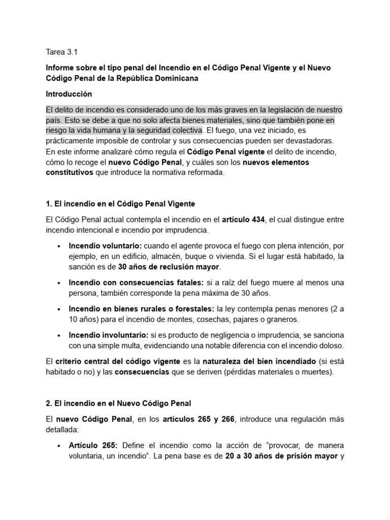 Penal Especial I Informe Sobre El Tipo Penal Del Incendio en El Código ...