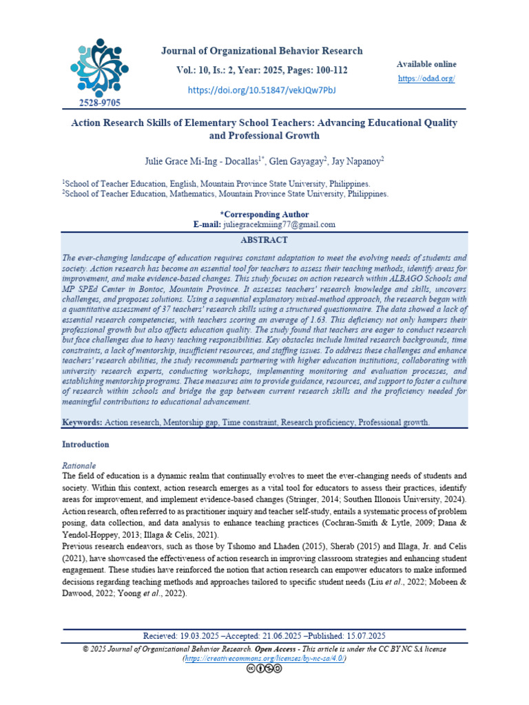 Action Research Skills of Elementary School Teachers | PDF | Mentorship ...