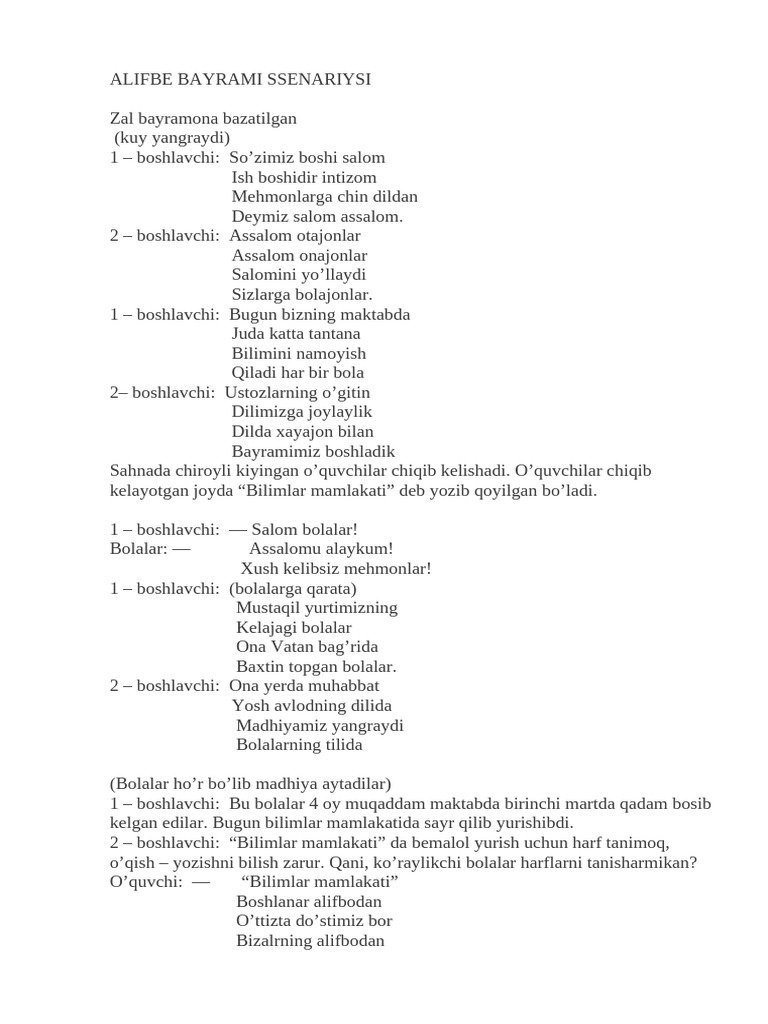 Alifbe Bayrami Ssenariysi Yangi | PDF
