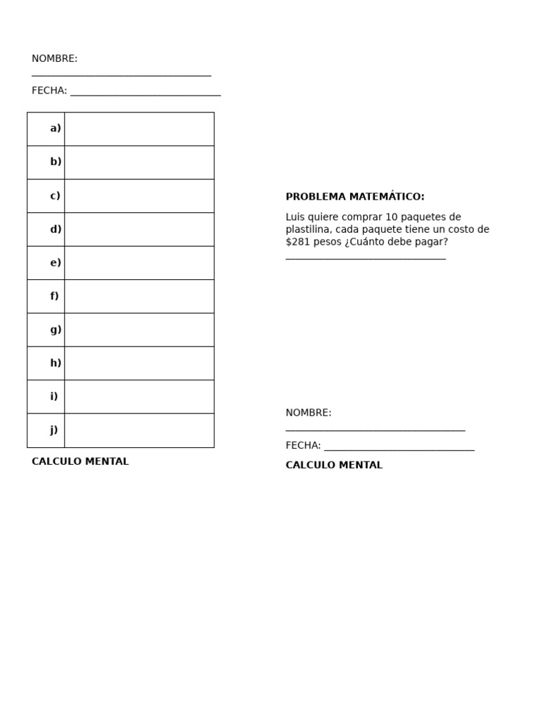 Formato Calculo Mental | PDF