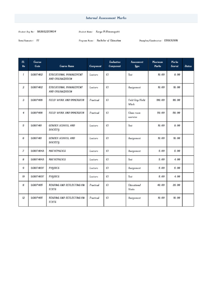 Student Internal Assessment Marks | PDF