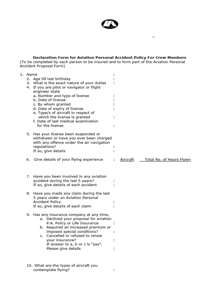 Aviation - Personal Accident Policy For Crew Members - 1 | PDF ...