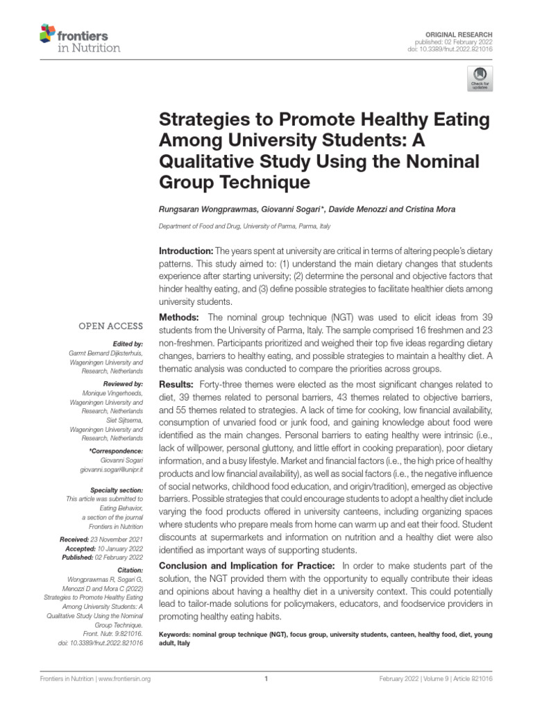 Strategies To Promote Healthy Eating Among University Students A ...
