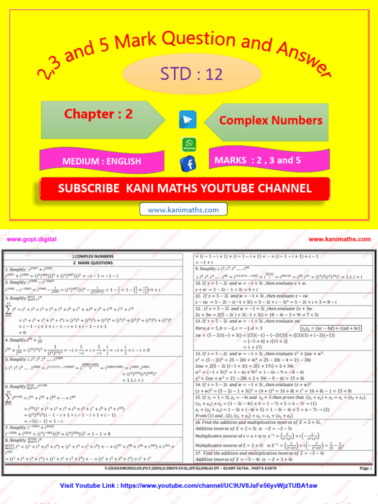 STD 12 CHAPTER 2 Complex Numbers EM | PDF | You Tube