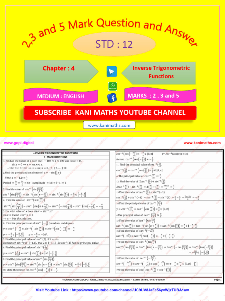 STD 12 CHAPTER 4 Inverse Trigonometric Functions EM | PDF ...