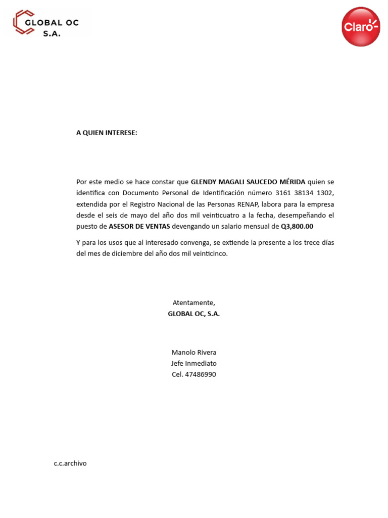 Carta Laboral Glendy | PDF