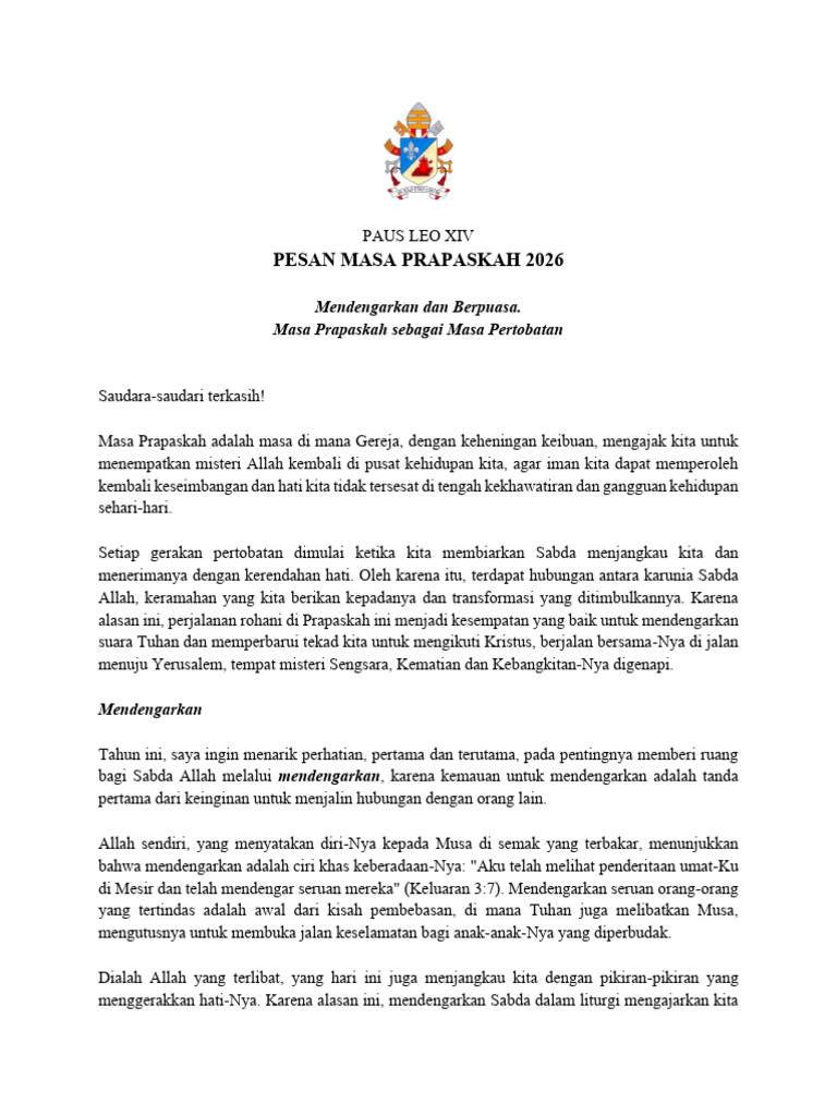 Paus Leo XIV - Pesan Masa Prapaskah 2026 | PDF