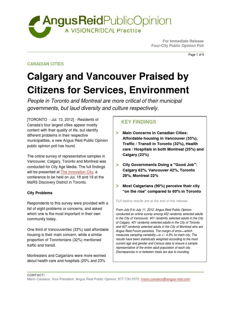Cities - Angus Reid Poll, Jul 13 | PDF | Toronto | Vancouver
