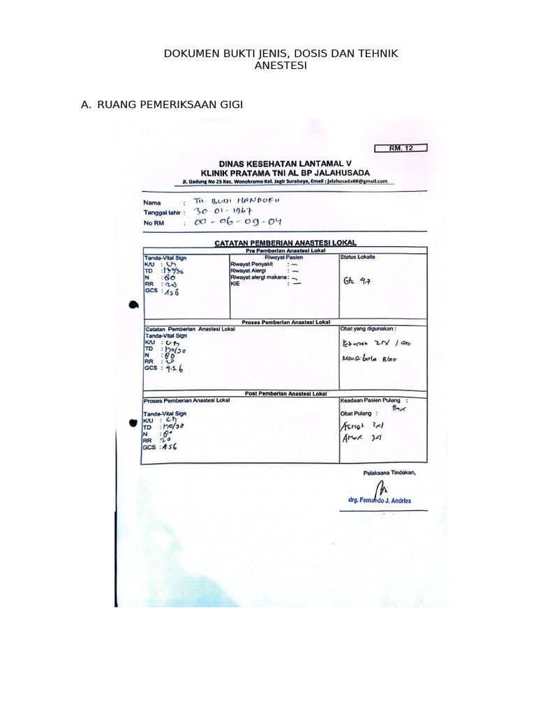 Dokumen Bukti Jenis, Dosis, Tehnik Anestesi | PDF