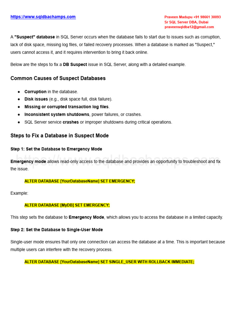 Steps To Fix DB Suspect Issue With Example - SQL Server | PDF ...