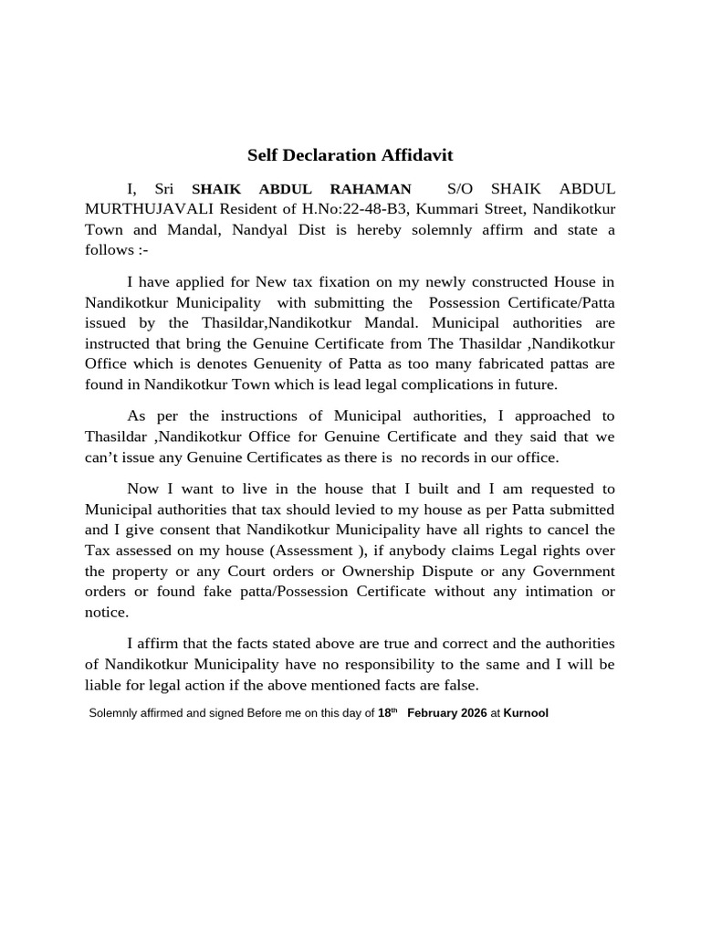 Self Declaration Affidavit SHAIK ABDUL RAHAMAN | PDF