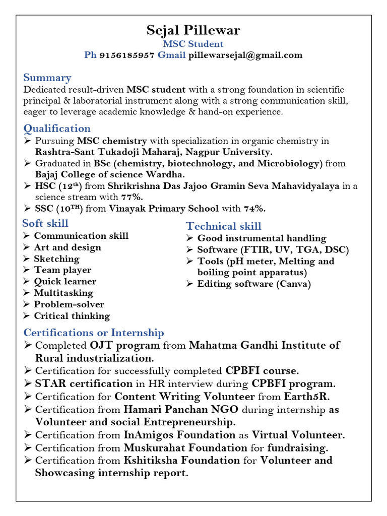 Resume SejalPillewar 1 | PDF