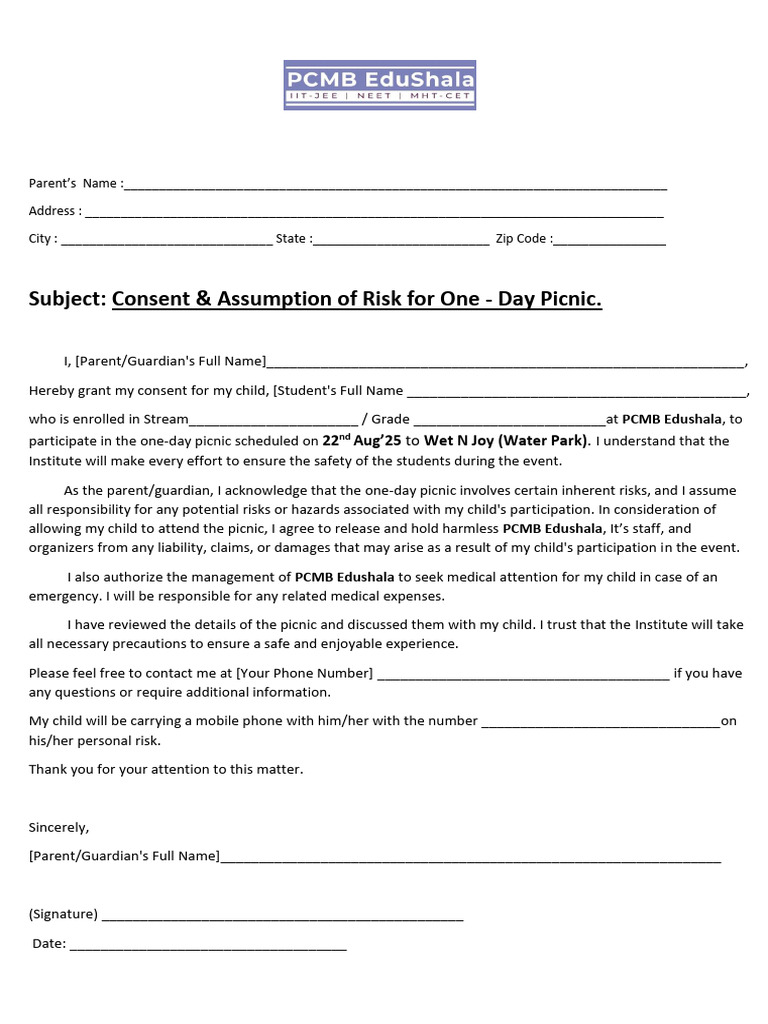 Parent Consent Form For Picnic | PDF