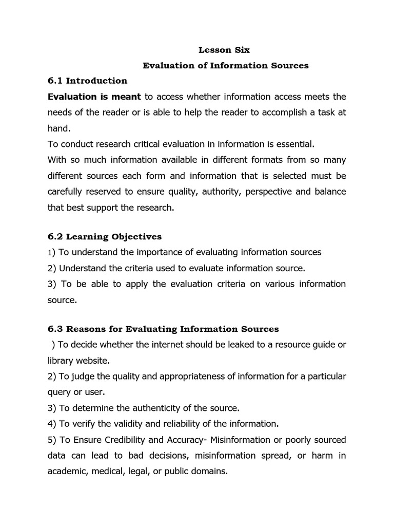 Lesson Six Evaluation of Information Sources | PDF | Evaluation ...