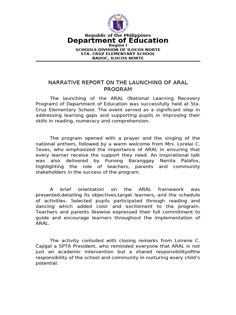 Narrative Report On The Launching of Aral Program | PDF | Teachers ...