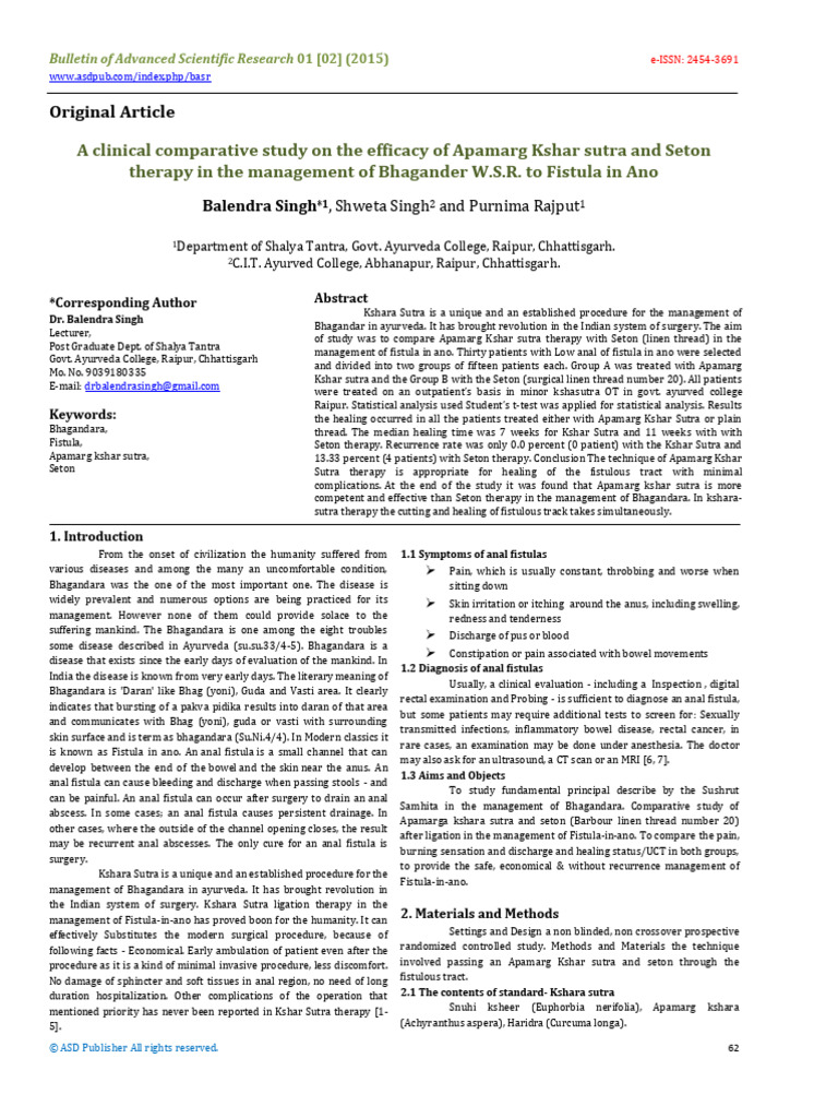 A Clinical Comparative Study On The Efficacy of Apamarg Kshar Sutra and ...