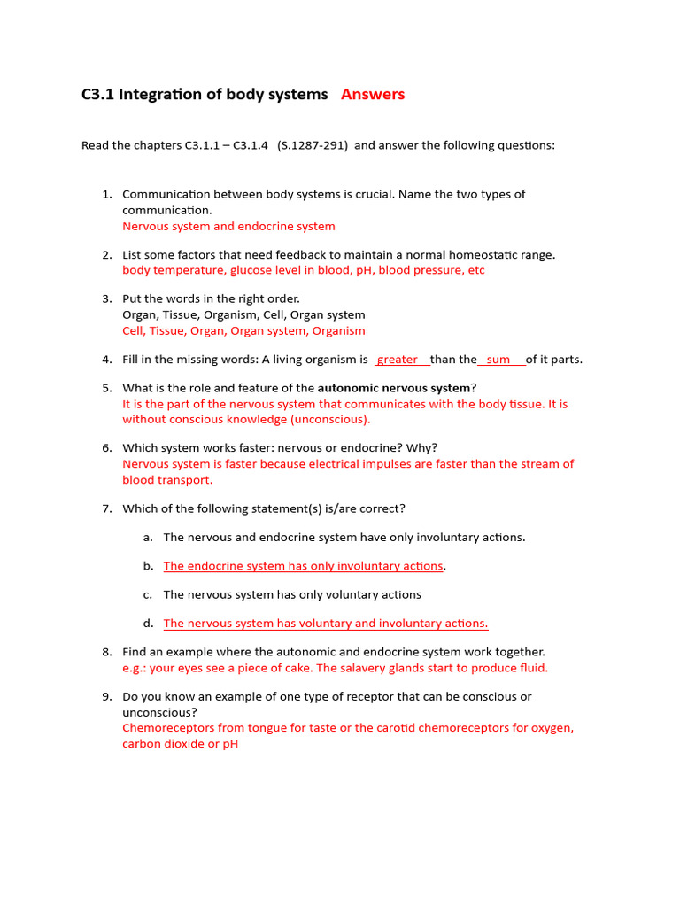 C3.1 Integration of Body Systems - Answers | PDF