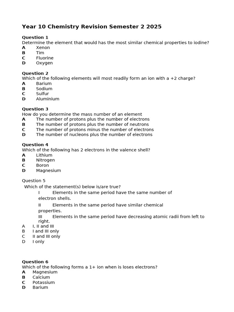 Year 10 Science REVISION Chem 2025 | PDF | Chemical Elements | Chemical ...