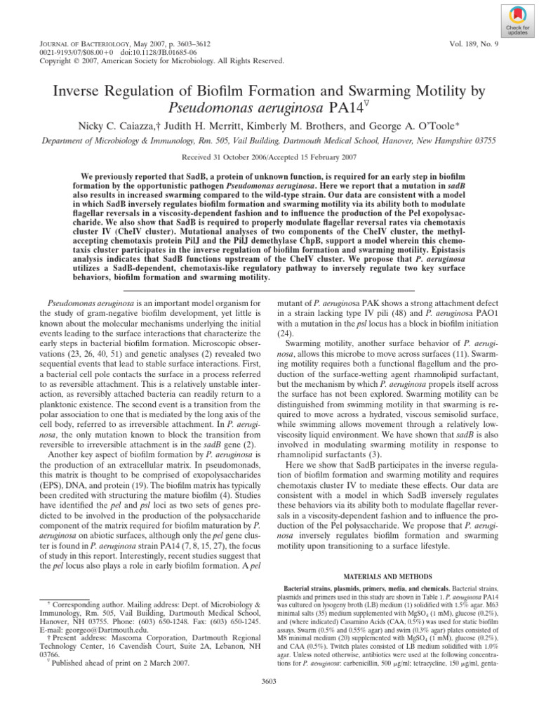 Caiazza 2007----Inverse Regulation of Biofilm Formation and Swarming ...