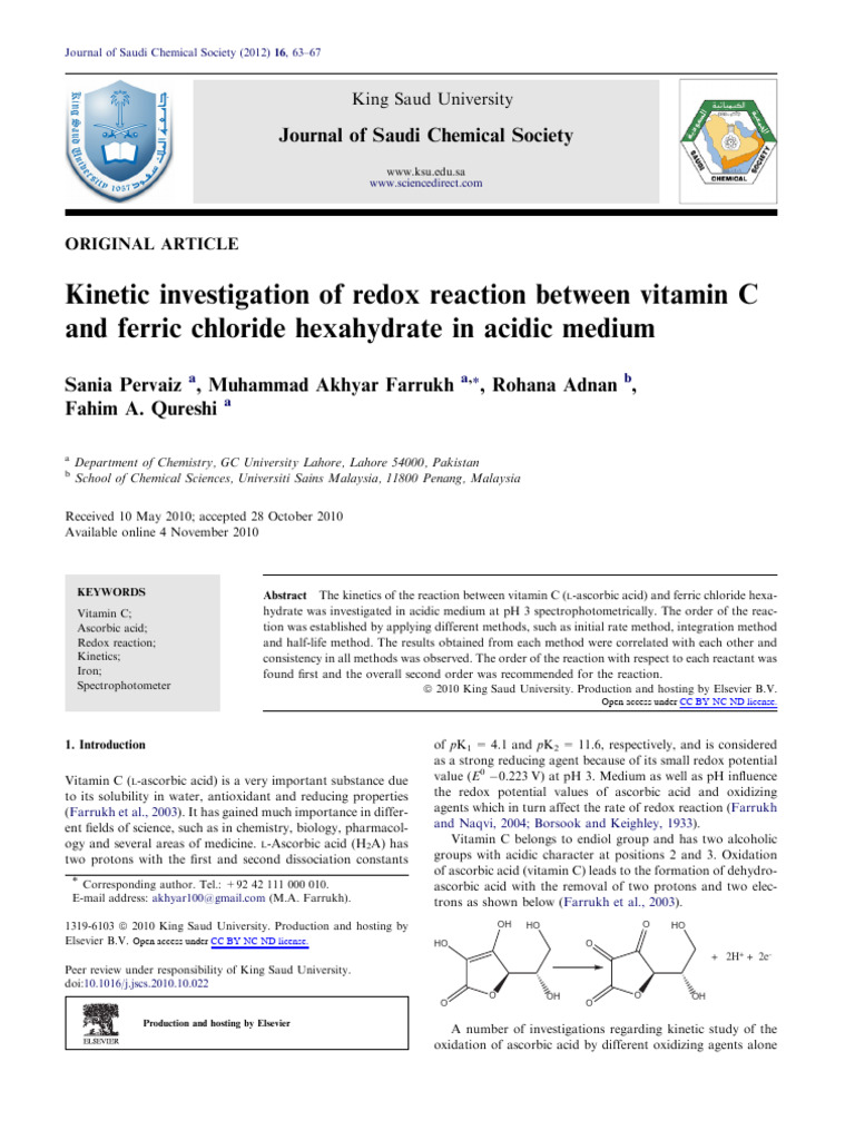 Kinetic Investigation of Redox Reaction Between Vitamin C | PDF ...
