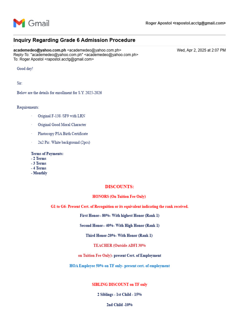 Gmail - Inquiry Regarding Grade 6 Admission Procedure | PDF