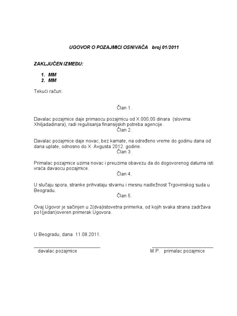 Ugovor o Pozajmici Osnivaca Broj 01 | PDF