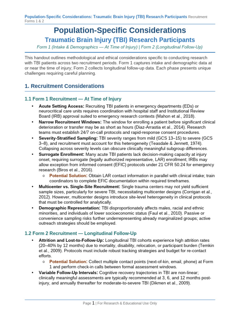 TBI Population Considerations Handout | PDF | Traumatic Brain Injury ...