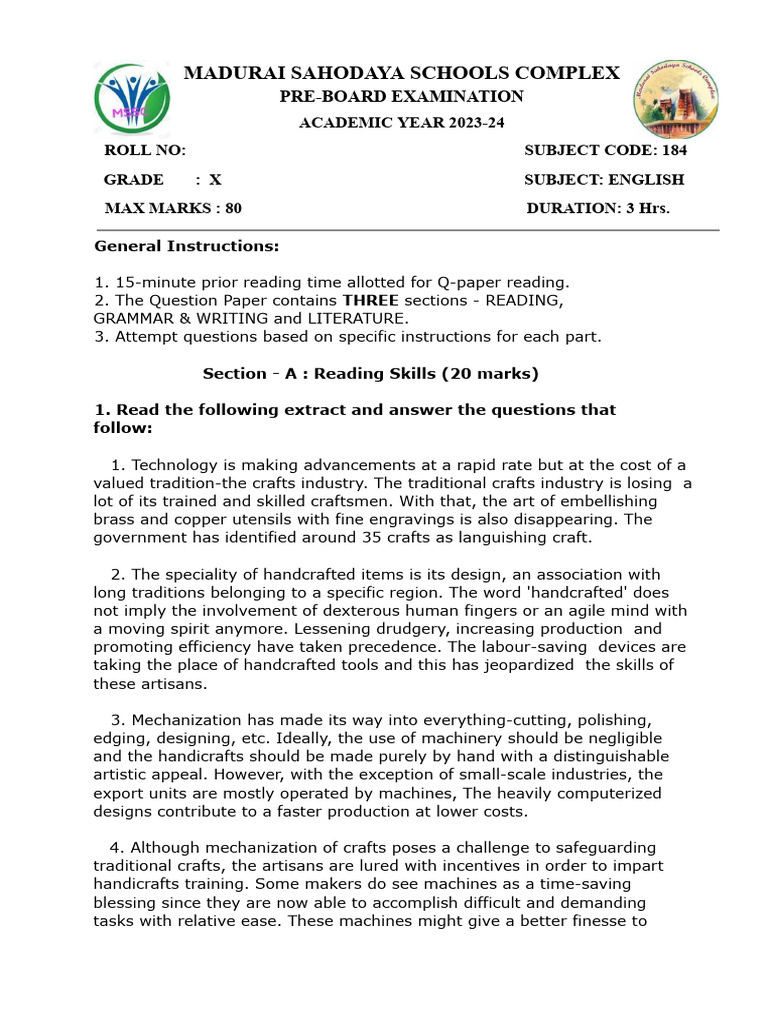 G10 English QP | PDF | Crafts | Pollution
