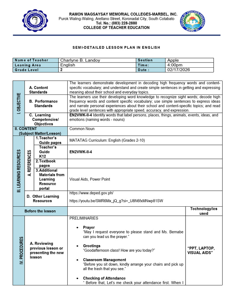 Common Noun Lesson Plan | PDF | Learning | Noun