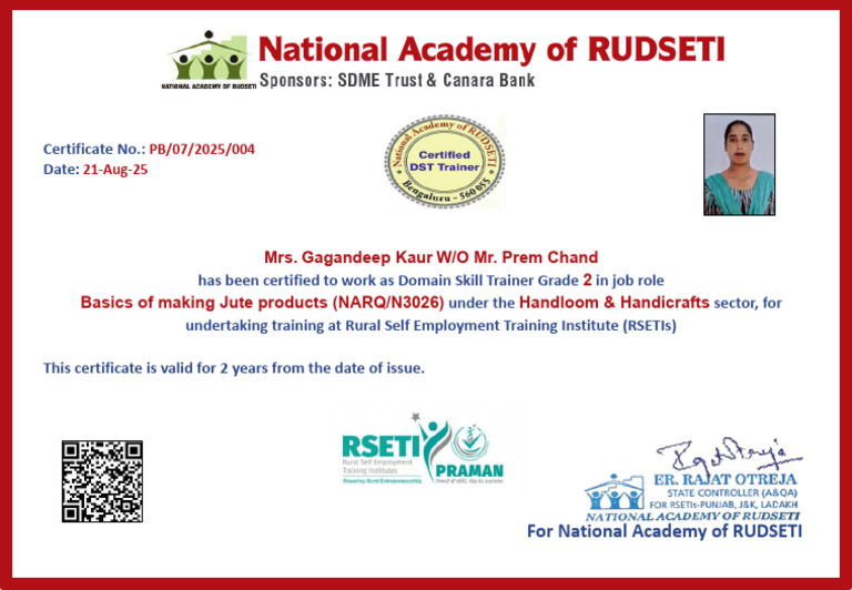 DST Certificate - PB072025004 - Gagandeep Kaur - Basics of Making Jute ...