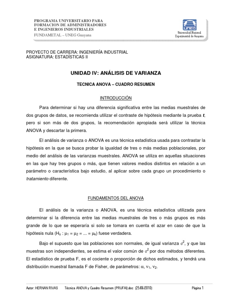 Técnica ANOVA y Cuadro Resumen - PRUFAI | PDF | Análisis de variación | Análisis estadístico