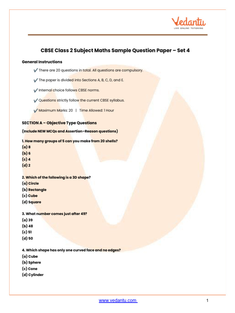 CBSE Class 2 Maths Sample Paper 2025 (Mock Paper 4) PDF With Answers | PDF