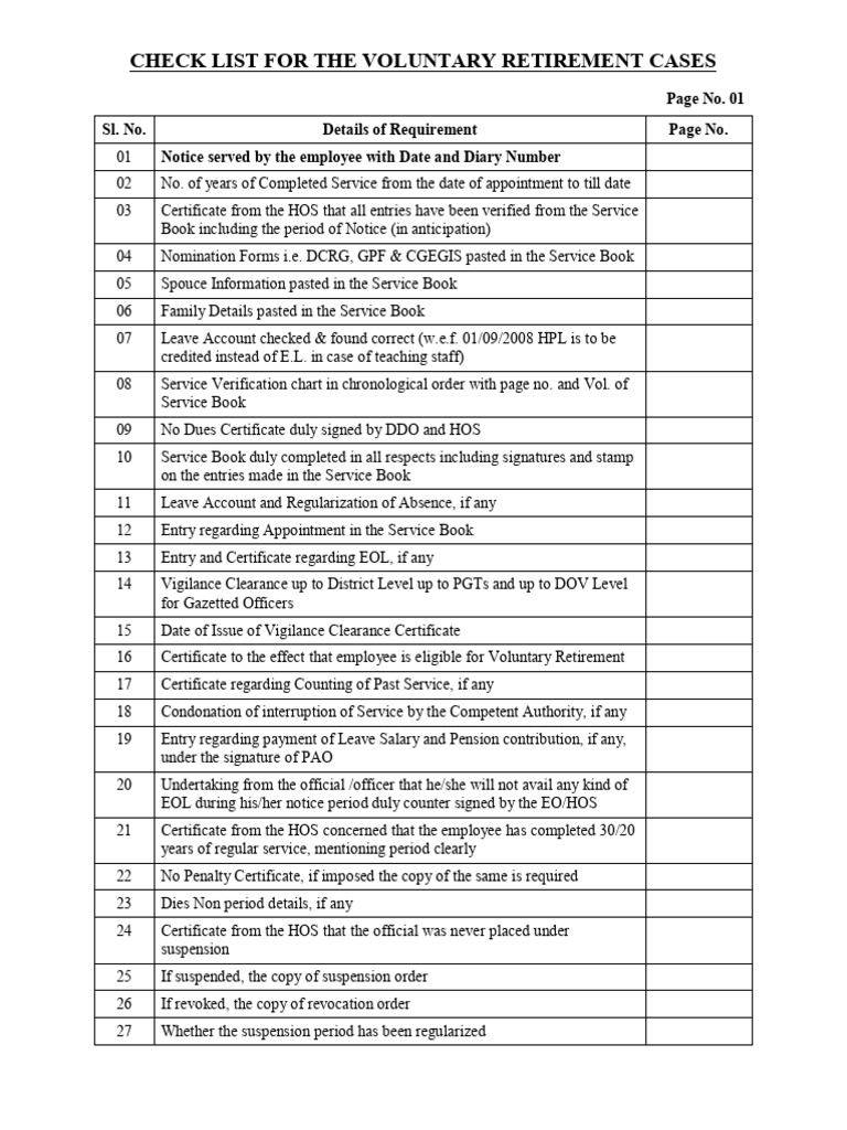 Check List Voluntary Retirement | PDF