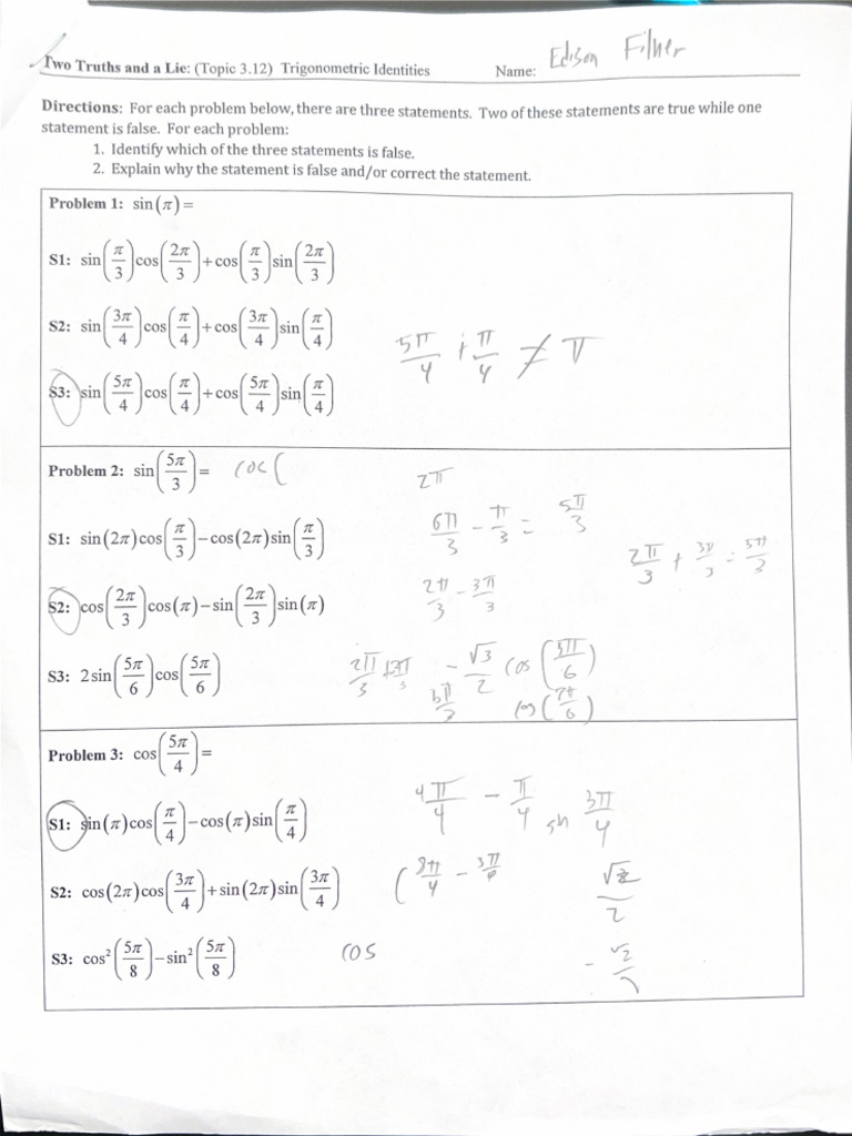 Two Truths and A Lie (Topic 3.12) Trigonometric Identities | PDF
