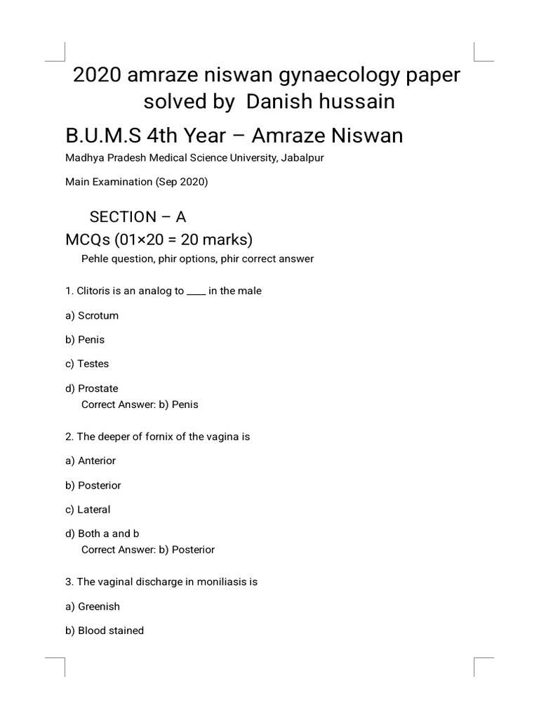 2020 Amraze Niswan Gynaecology Paper Solved by Danish Hussain | PDF
