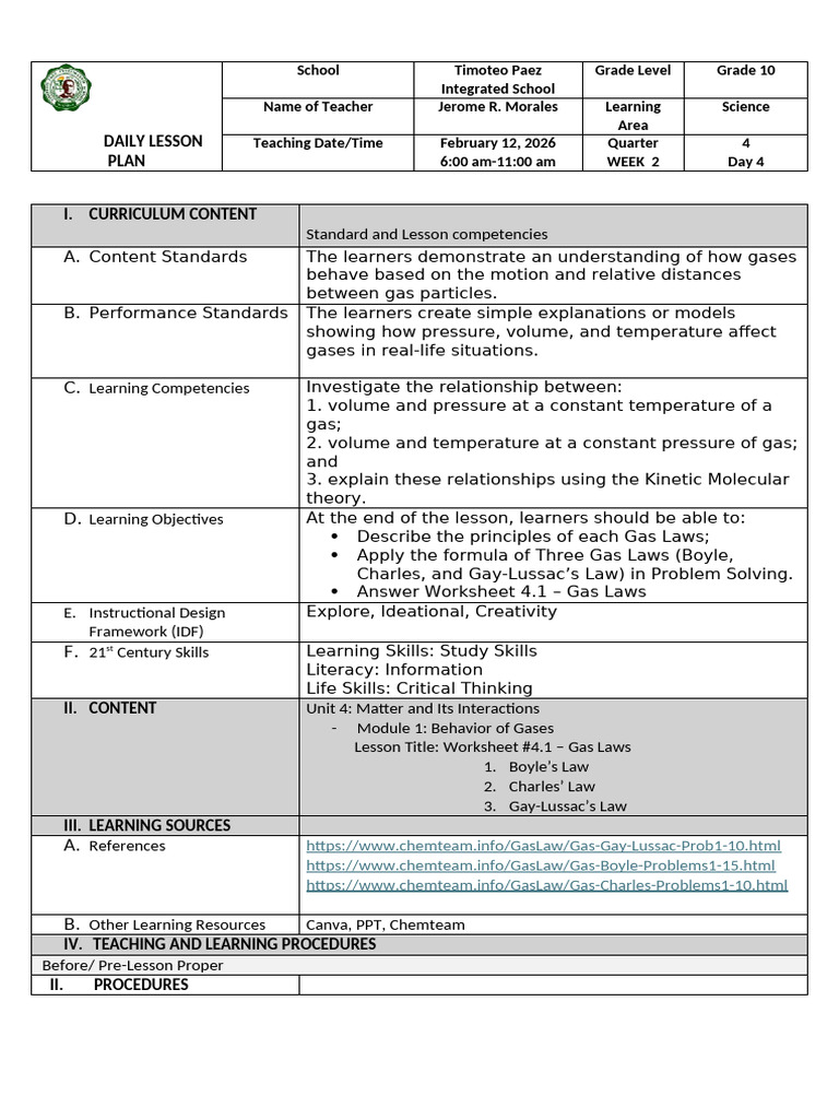 DLP - Day 4 Week 2 - Gas Laws Worksheet - Morales | PDF | Gases | Learning