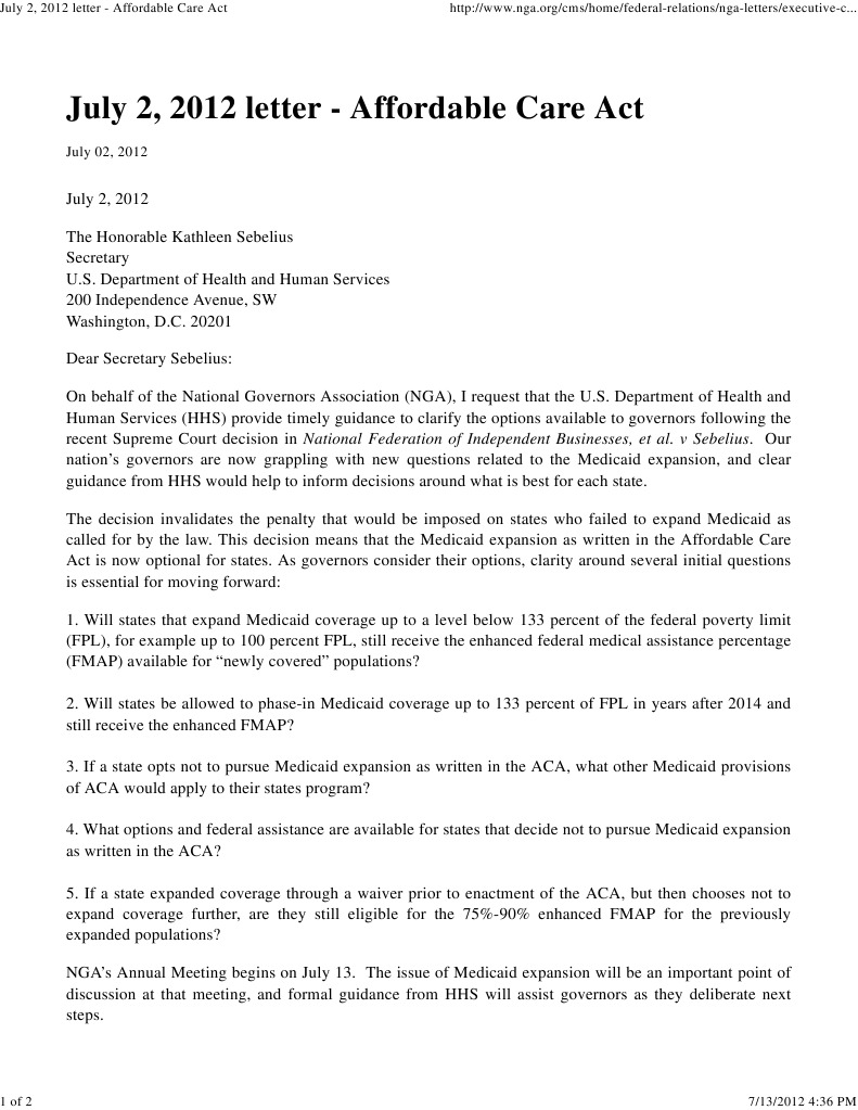 NGA Letter To HHS Sebelius ACA | PDF | Patient Protection And ...