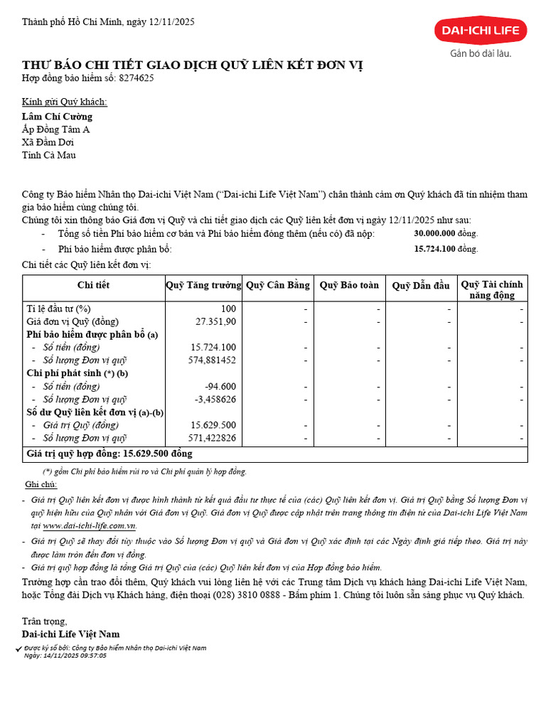 Thu Bao Chi Tiet Giao Dich Quy Lien Ket Don VI - 8274625 | PDF