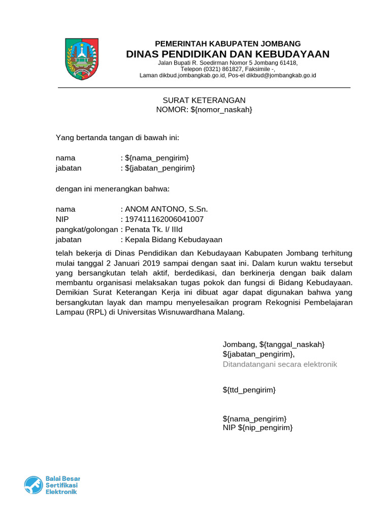 Surat Keterangan Kerja Pak Anom | PDF