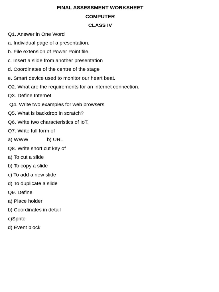 Class IV Worksheet | PDF