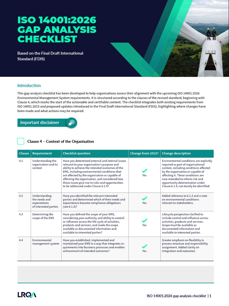 ISO 14001 2026 Gap Analysis Checklist FDIS in 26 PDF | PDF ...