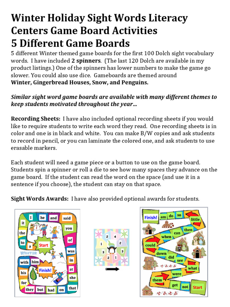 Winter FREEBIE5 Sight Words Game Boards Dolch Words Set 1 | PDF