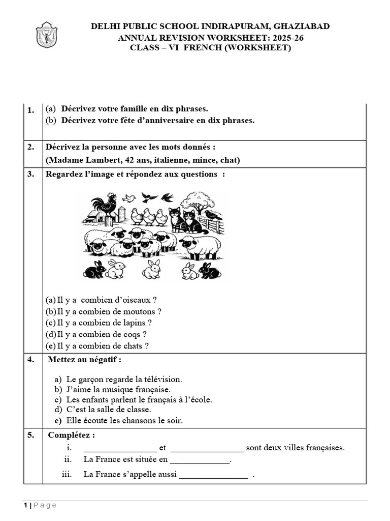 French Class 6 Annual Revision Worksheet | PDF
