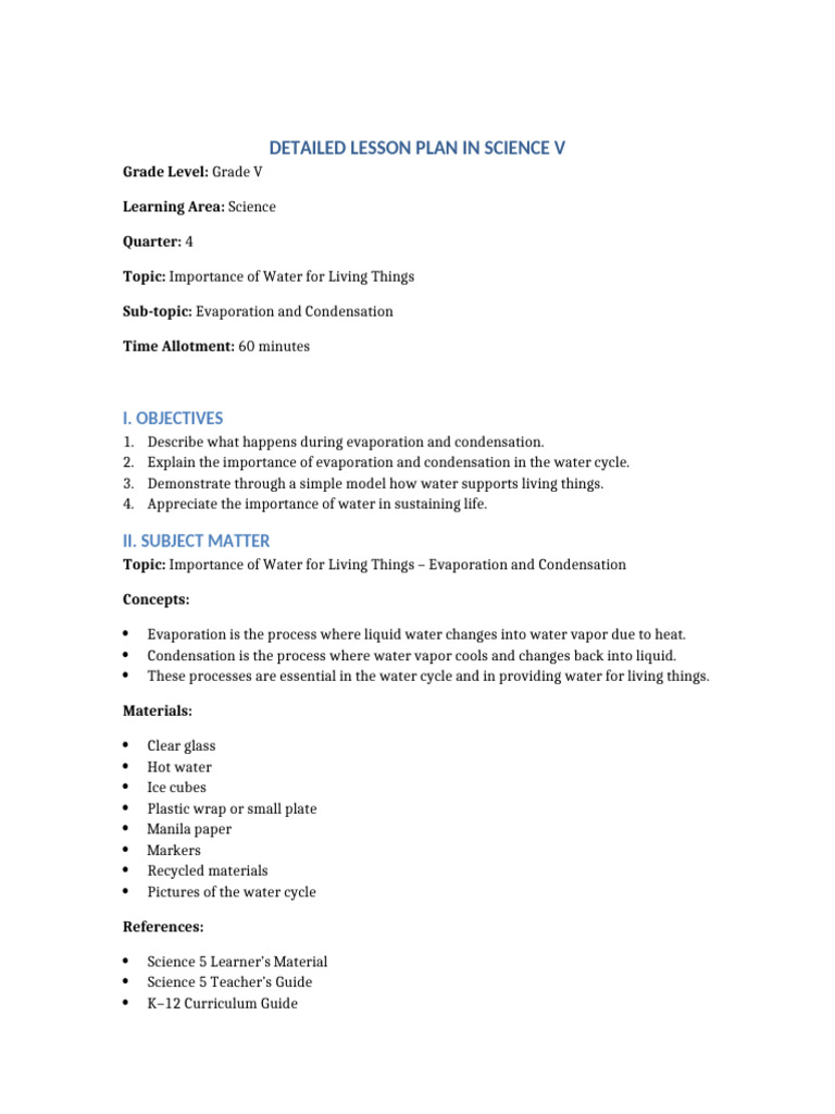 Detailed Lesson Plan Science V Evaporation and Condensation | PDF ...