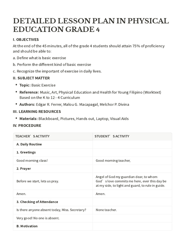 Detailed Lesson Plan in Physical Education Grade 4 1 | PDF | Physical ...