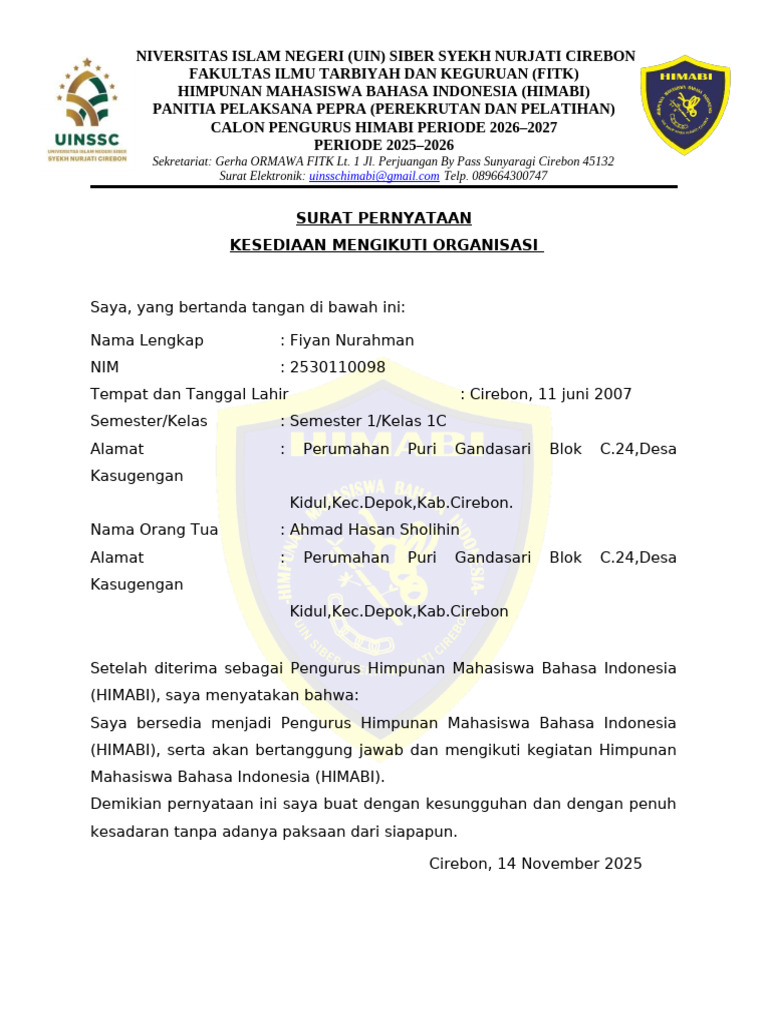 Surat Pernyataan Dan Kesediaan Pepra Fiyan 2 | PDF
