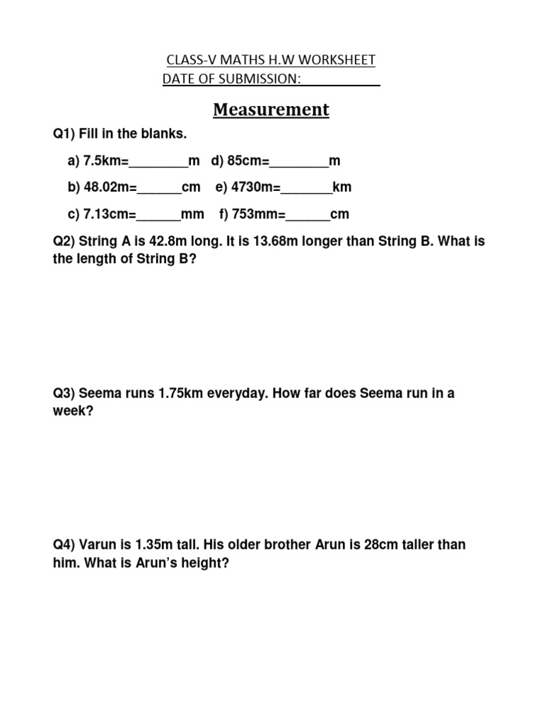 CBSE Class 5 Mathematics Worksheet - Measurementok | PDF