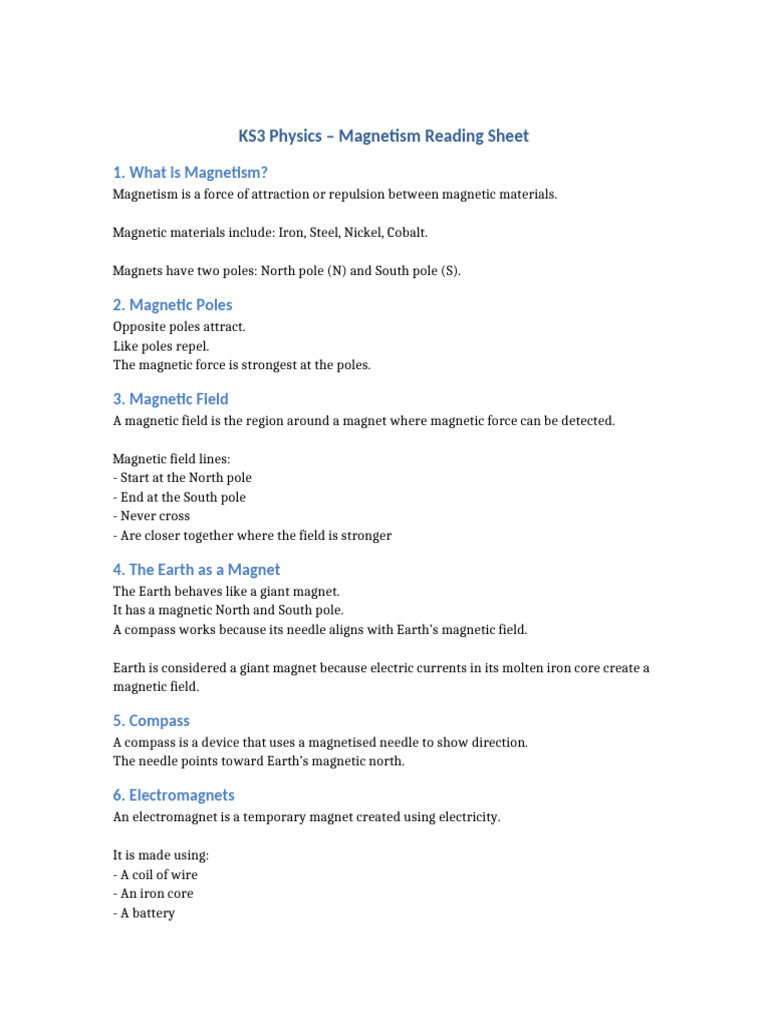 KS3 Magnetism Reading Sheet | PDF | Magnet | Magnetism